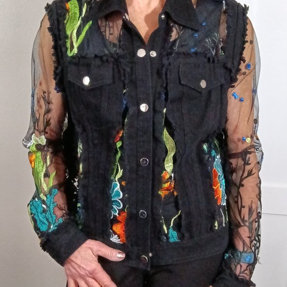Adore | Jackets & Coats | Adore Black Denim Jackets With Sheer Floral ...